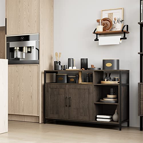 HITHOS Kitchen Wood Floor Cabinet, Accent Sideboard Buffet with Storage, Doors and Shelves, Industrial Living Room Dining Room Furniture, Dark Brown