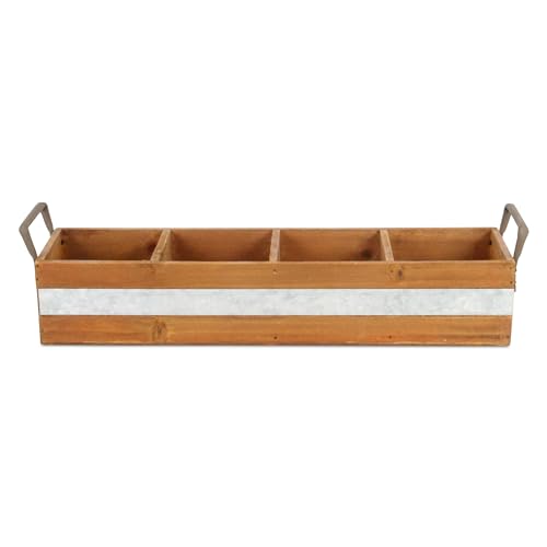 Cheung's FP-3879BR Dark Brown Wooden 4 Slot Storage Caddy with Side Metal Handles and Center Galvanized Accent