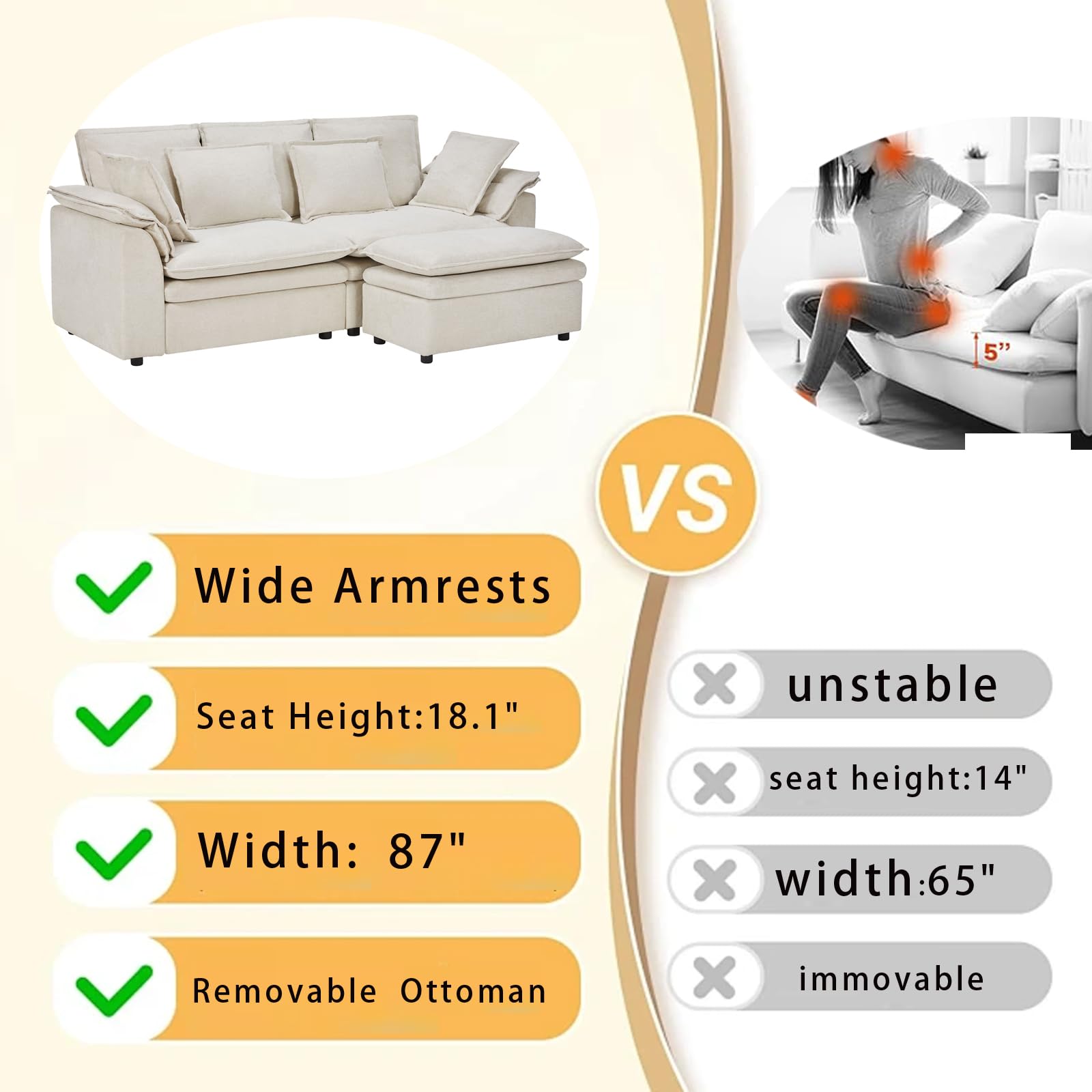 FEISHOMINOO 87" L Shaped Sectional Sofa Modular Deep Seat Sofa Couch with Ottoman, Chenille Sofa Sleeper Comfy Upholstered Furniture for Living Room, Apartment, Studio, Office (Espresso, L-Shaped)
