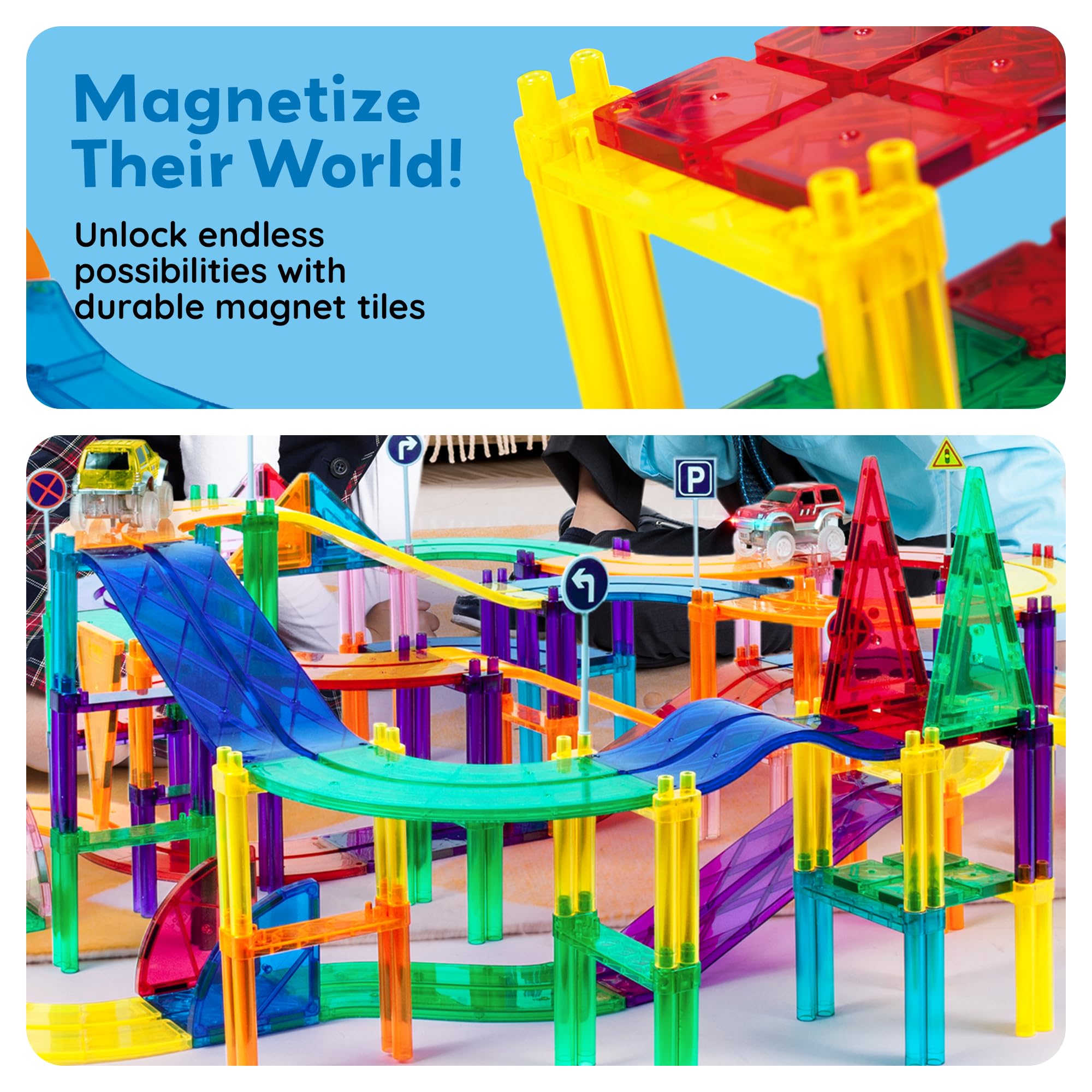 PicassoTiles 128 Piece Race Car Track Building Block Educational Toy Set Magnetic Tiles Magnet Playset 3 LED Car STEM Learning Construction Kit Hand-Eye Fine Motor Skill Training Brain Development