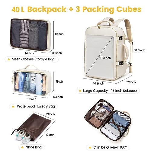 LOVEVOOK Carry on Backpack,40L Women Travel Backpack Airline Approved,Waterproof Large TSA 17inch Laptop Backpack Daypack with Anti-theft Pocket for Business Trip College Weekender,Beige