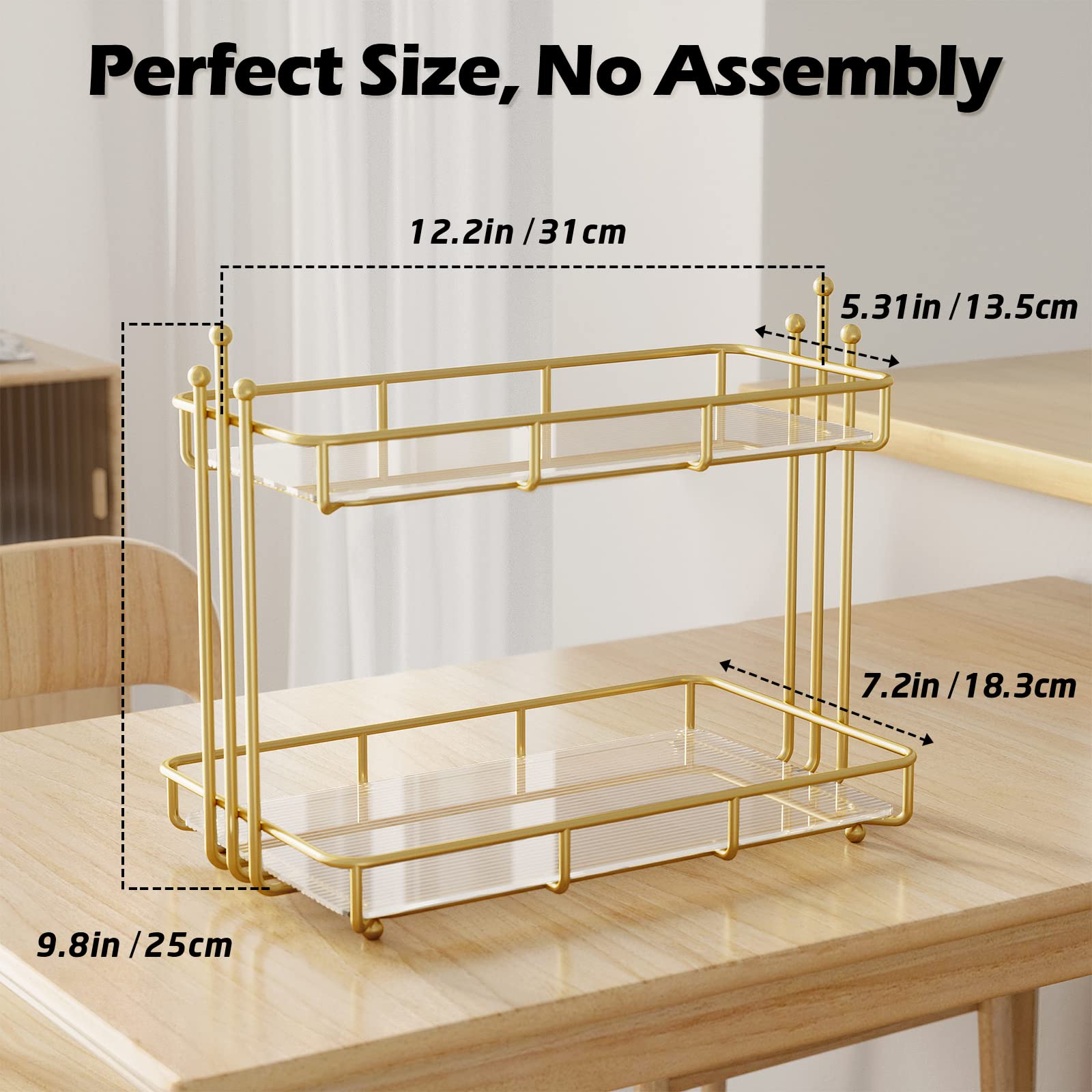 WELLFAST Bathroom Organizer Countertop Perfume Organizer Skincare Organizers 2 Tier Bathroom Tray Stainless Steel Gold Shelf Acrylic Tray