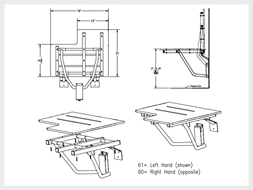 Folding Shower Seat - Wall Mount Bench for Inside Shower / ADA Bathroom Safety Assist / 304 Stainless Steel / Phenolic Resin / Left / 28" x 21"
