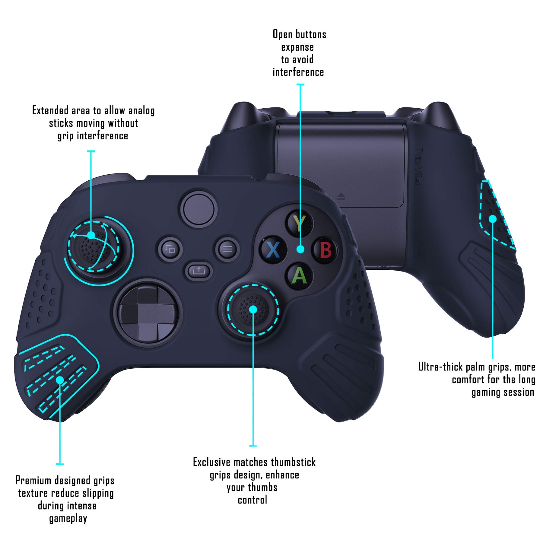 PlayVital Guardian Edition Black Ergonomic Soft Anti-Slip Controller Silicone Case Cover, Rubber Protector Skins with Black Joystick Caps for Xbox Series S and Xbox Series X Controller