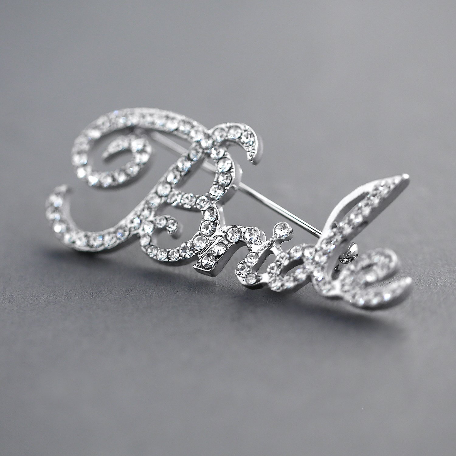 Mariell Rhinestone Crystal Bride Word Brooch Pin in Script Lettering, Bachelorette & Bridal Shower Gift
