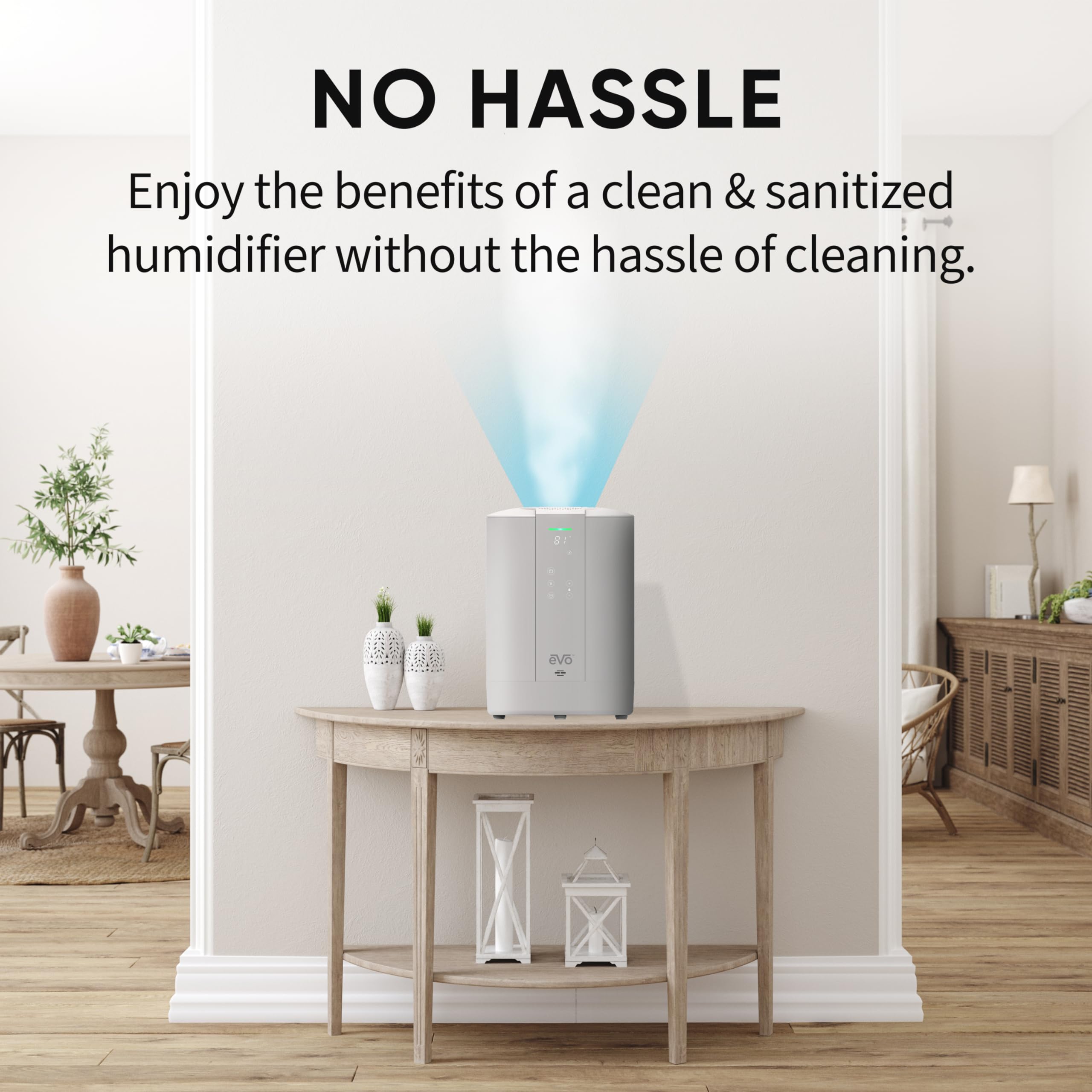 EVO WMH440 Self Sanitizing Pure Mist Humidifier (6L Capacity) β 28 Hour Continuous Run Time, Dishwasher Safe Base, Empty Tank Auto Shut-Off