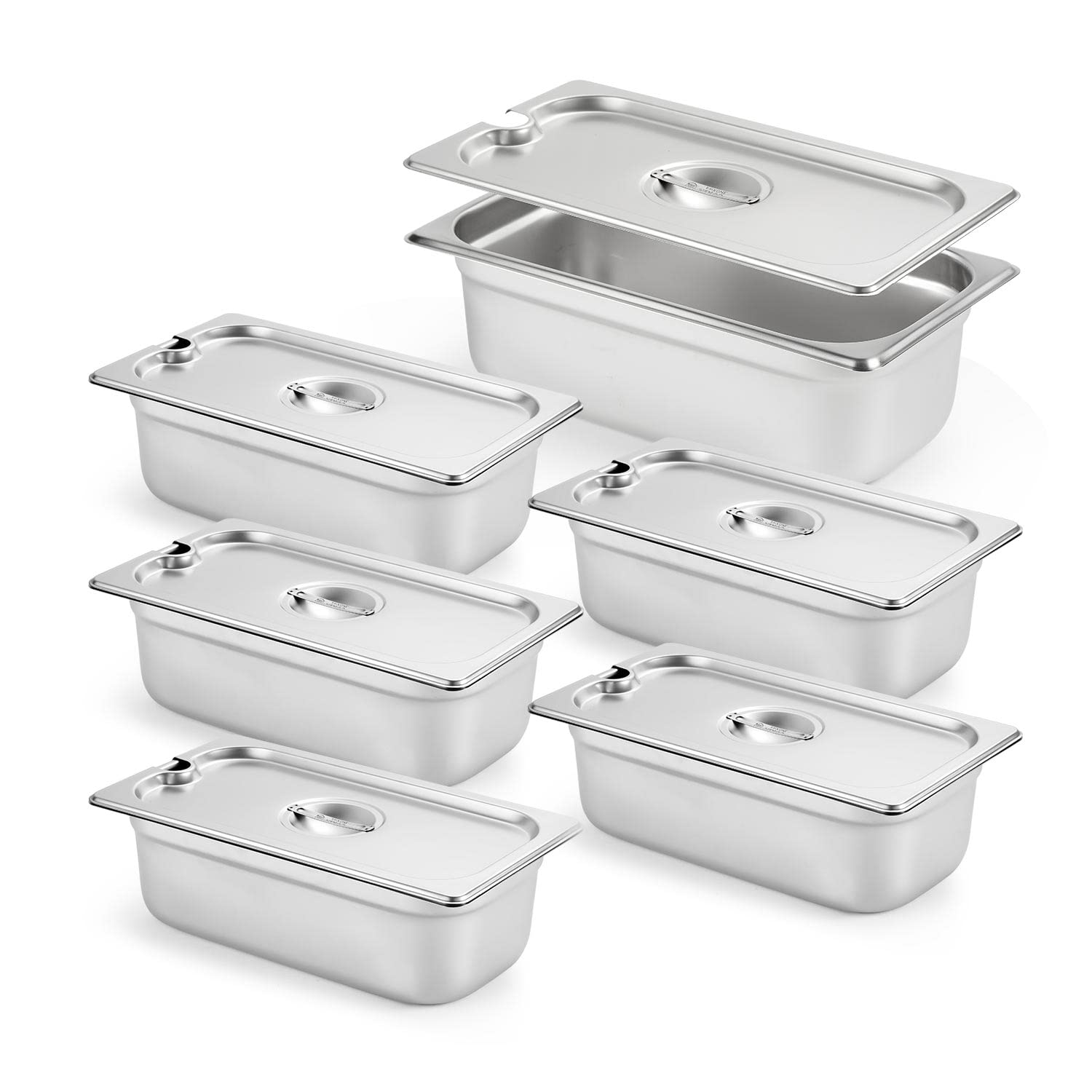 CURTA 6 Pack Anti-Jam Slotted Hotel Pans with Lids, 1/3 Size 4 Inch Deep, NSF Commercial 18/8 Stainless Steel Chafing Steam Table Food Pan with Covers