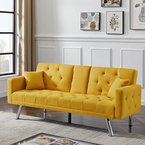 Eafurn Linen Fabric Futon Bed, Button Tufted Folding Recliner Sleeper Reversible Loveseat Convertible Daybed with 2 Cup Holders,75.59" W Small Splitback Sofa & Couches for Living Room, C-Yellow