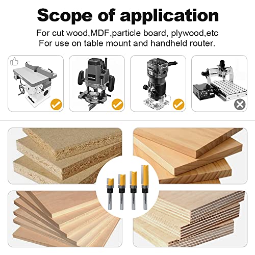 FivePears 4 PCS Pattern Flush Trim Router Bit Set 1/4 Inch Shank, Top Bearing Flush Cut Trim Router Bit for Woodworking, Cutting Diameter: 1/2", Cutting Length: 1/2", 3/4", 1", 1-1/2"