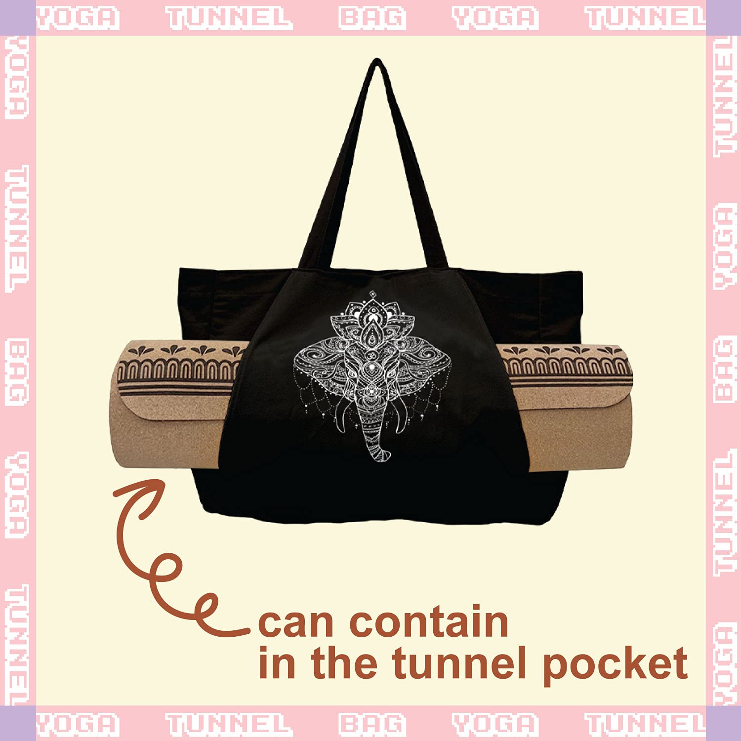 Burro Chakra Themed Yoga Mat Cotton Tote Bag with Mat Carrier Pocket Extra Pocket Inside (YB105 IVORY)