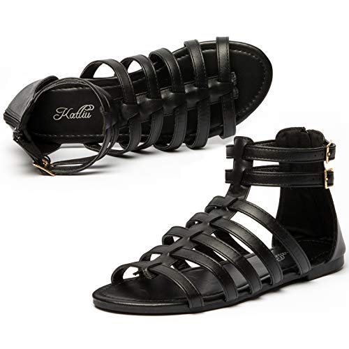 katliu Womens Gladiator Sandals Strap Sandal Two Ankle Buckle Open Toe Summer Flat Zipper Gladiator Sandal Black 6