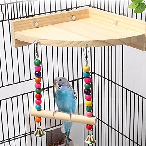 Lelepet Bird Wood Perch Platform Stand, Pet Bird Climbing Swing Toy, Parakeet Perches for Cage, Bird Corner Shelf, Wooden Flat Perch for Cockatiel Budgie Conure Parrot, Funny Bird Cage Perch with Bell