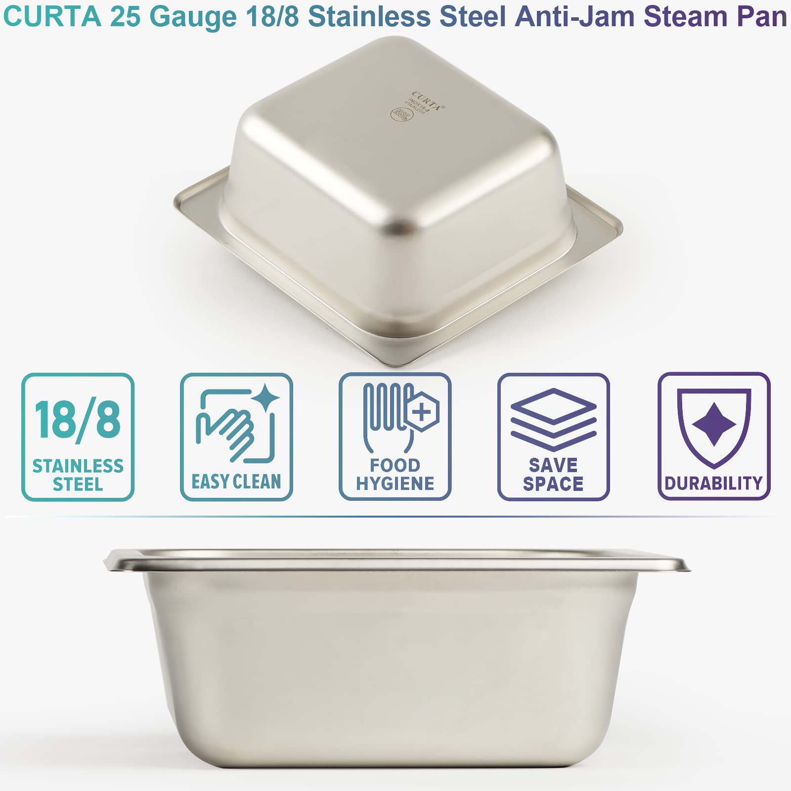 CURTA 6 Pack Anti-Jam Slotted Hotel Pans with Lids, 1/6 Size 2 1/2 Inch Deep, NSF Commercial 18/8 Stainless Steel Chafing Steam Table Food Pan with Covers