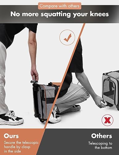 Lekereise Cat Dog Carrier with Wheels Airline Approved Rolling Pet Carrier with 1 Bowl, Grey