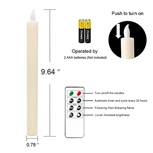 DRomance Flickering Flameless Taper Candles with Remote Timer Battery Operated LED Candlesticks Real Wax Dimmable Light Dinner Thanksgiving Christmas Decor(Ivory, 0.78" x 9.64")