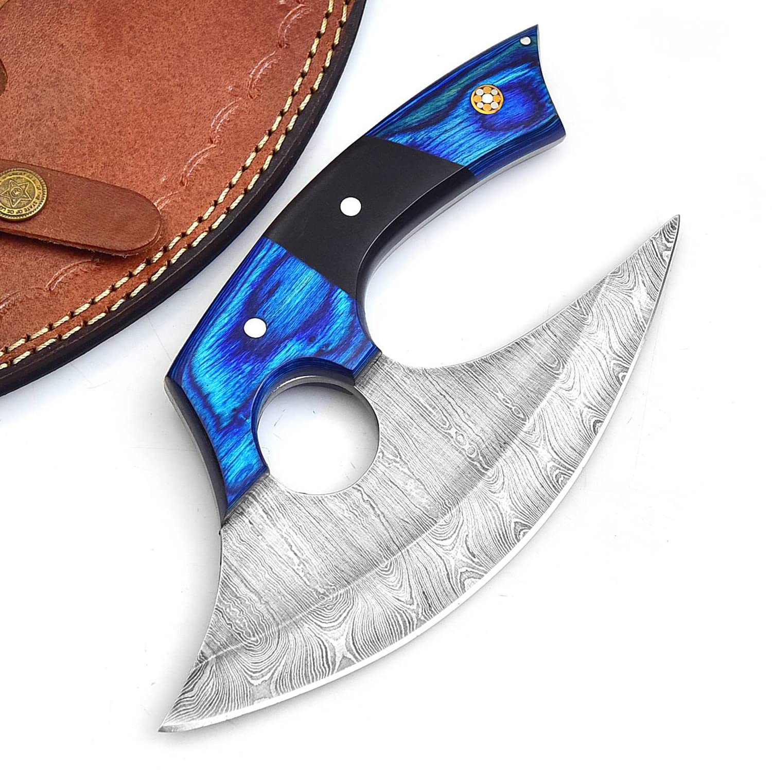 DAMASK HUT Custom Handmade Damascus Steel Ulu Knife - Alaskan Damascus Ulu Knife With Sheath - Damascus Alaska Knives For Skinning, Chopping,Rocking, Mincing, Slicing Meat & Herb