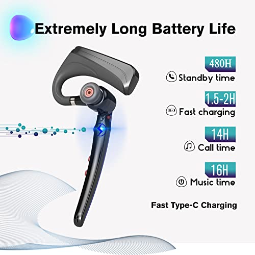 HonShoop Bluetooth Headset CVC8.0 Dual Mic Noise Cancelling, V5.0 Bluetooth Earpiece Earbud 14 Hrs HD Talktime Hands-Free Earphones for Driver Trucker Business Office (Black)