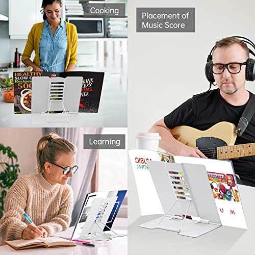 Honagu Book Stand Metal Desk Book Holder, Book Holders for Reading Hands Free, Adjustable Cookbook Documents Holder, Portable Bookstand for Music Books, Textbook, Recipe,Tablet, Ipad (White)