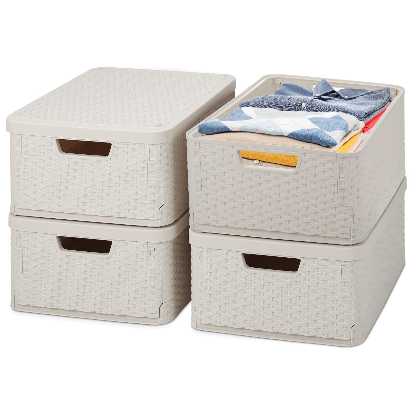 Pack of 4 Folding Storage Boxes with Lids Foldable Plastic Storage Bins Organizer Container Shelf Basket with Lid for Home Bedroom Closet Office