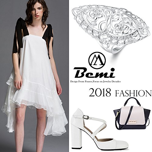 BEMI British Style 925 Silver Plated Carved Flower Band Ring Engagement Valentine Gift Statement Rings for Women 6