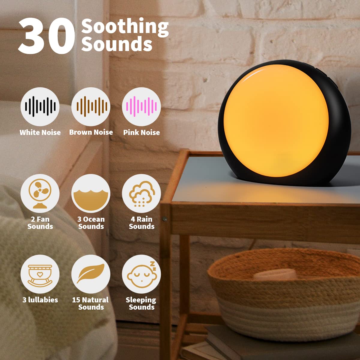 iDealSleep Loudspeakers Brown Noise Sounds White Noise Machine 30 Soothing Sounds 12 Color Night Lights Auto-Off Timer Calming Sleep Machine with Memory Function for Baby Kids Adult for Office Privacy