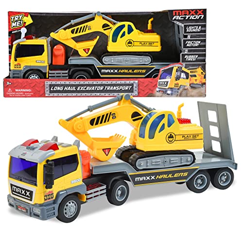 Maxx Action 17’’ Vehicle Transport with Excavator – Bright Lights and Construction Sounds | Friction Powered Trailer | 3 Piece Toy Playset for Kids | Yellow Construction Truck for Kids