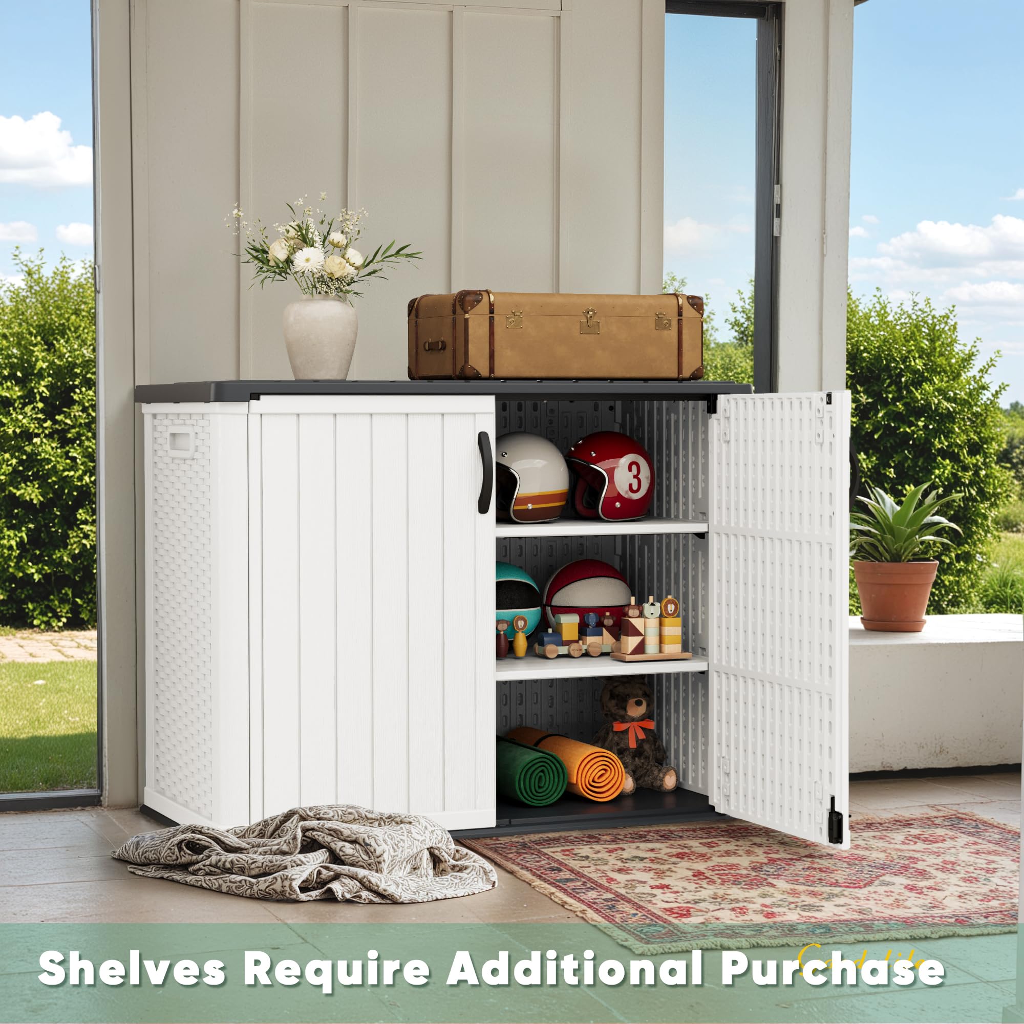 Devoko Outdoor Storage Cabinet 26 Cu Ft with Pad-Lockable Doors, Horizontal Storage Shed Waterproof Patio Tools Storage Box for Sofa Cushions, Gardening Tools and Accessories (Beige)