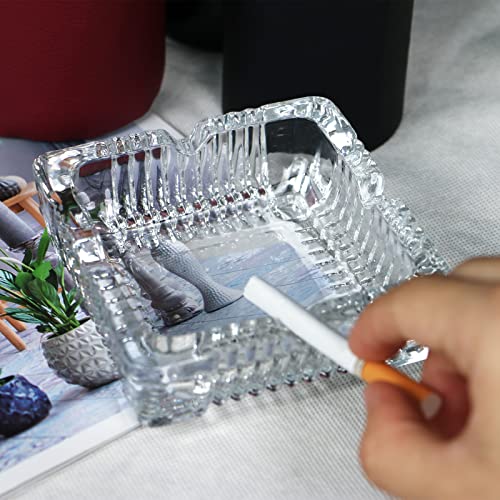 UZQL Ashtray, Glass Ashtray Square Crystal Ashtray, Classic Design Ashtray for Weed, Home Large Ashtrays for Cigarettes Outdoor (4.1 inch)