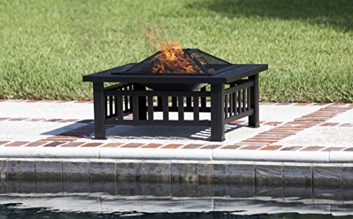 Fire Sense 62249 Fire Pit Stonemont Wood Burning Lightweight Portable Outdoor Firepit Backyard Fireplace for Camping Bonfire Included Screen Lift Tool - Square - Black