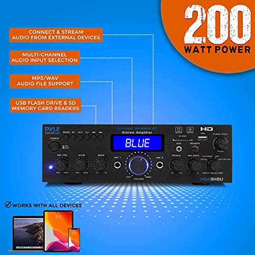 Pyle Wireless Bluetooth Home Stereo Amplifier - Multi-Channel 200 Watt Power Amplifier Home Audio Receiver System w/HDMI, Optical/Phono/Coaxial, FM Radio, USB/SD, AUX, RCA, Mic - Remote -PDA9HBU.5