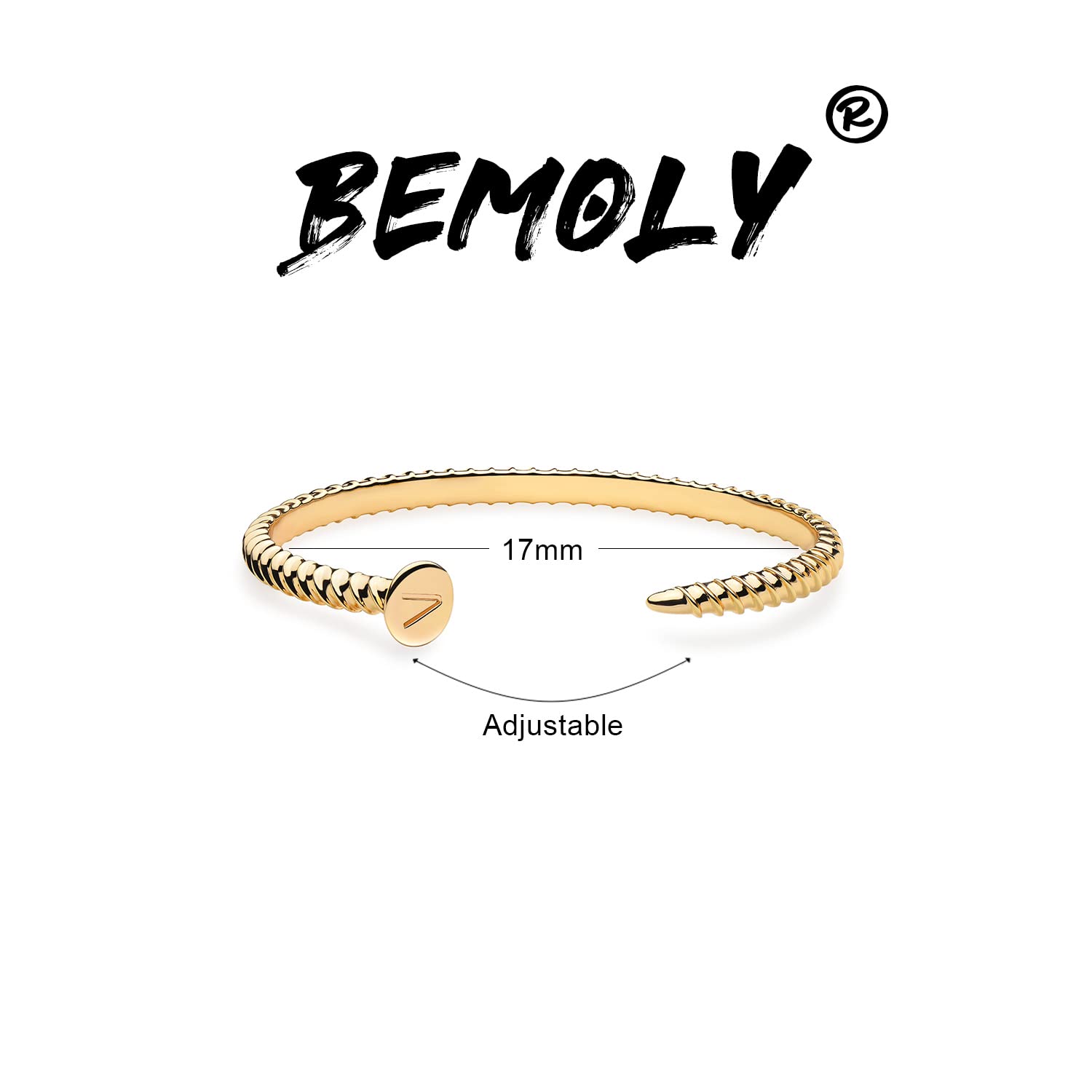 Bemoly Nail Bracelet for Women 14K Gold Plated Screw Initial Cuff Bracelet Inspirational Adjustable Bangle Jewelry