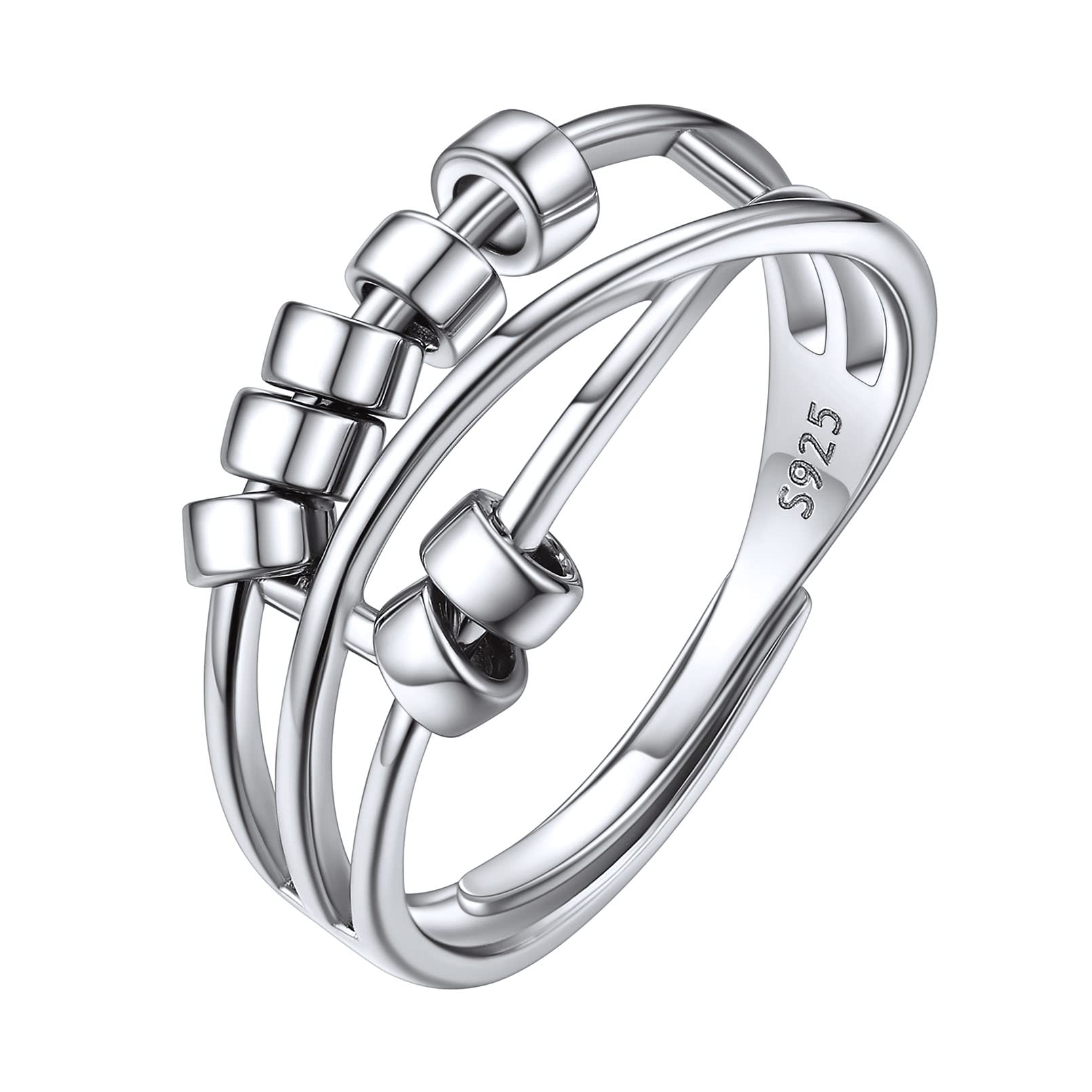 ChicSilver 925 Sterling Silver Anti Anxiety Rings For Women Men Fidget Spinner Band Ring Adjustable Stacking Spinning Beads Stress Relief Ring