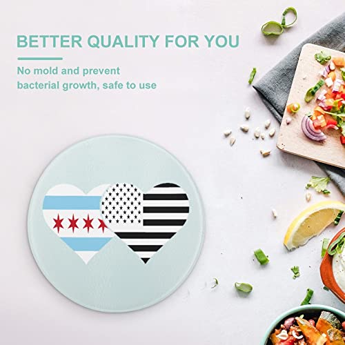 Chicago Flag and American Flag Glass Cutting Board Round Kitchen Decorative Chopping Blocks Mats Food Tray for Men Women