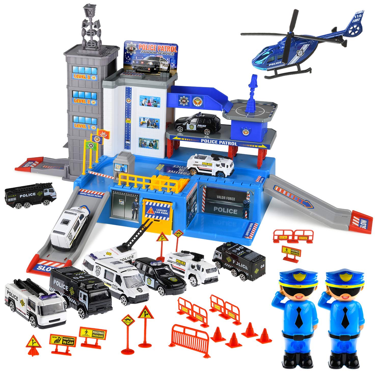 Toysical Police Car Toys for Boys - Cars Playsets - Police Toys with Track, Garage, 6 Police Car Toy Vehicles, 2 Police Men, 1 Helicopter - Best Gift for Boys 4, 5, 6 Year Old Kids
