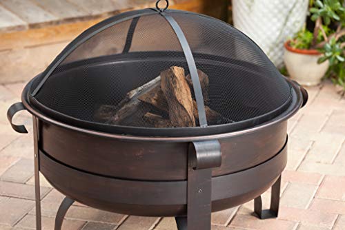 Fire Sense 62339 Fire Pit Cornell Wood Burning Unique Brushed Bronze Finish Lightweight Portable Outdoor Firepit Backyard Fireplace Included Multipurpose Screen Lifter Tool - 31"