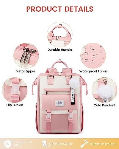 LOVEVOOK Laptop Backpack for Women,15.6 Inch College Backpack,Light Weight Travel Backpack Waterproof Casual Daypack Computer Backpack fits Travel Work Casual(15.6 inch,Pink&Beige)