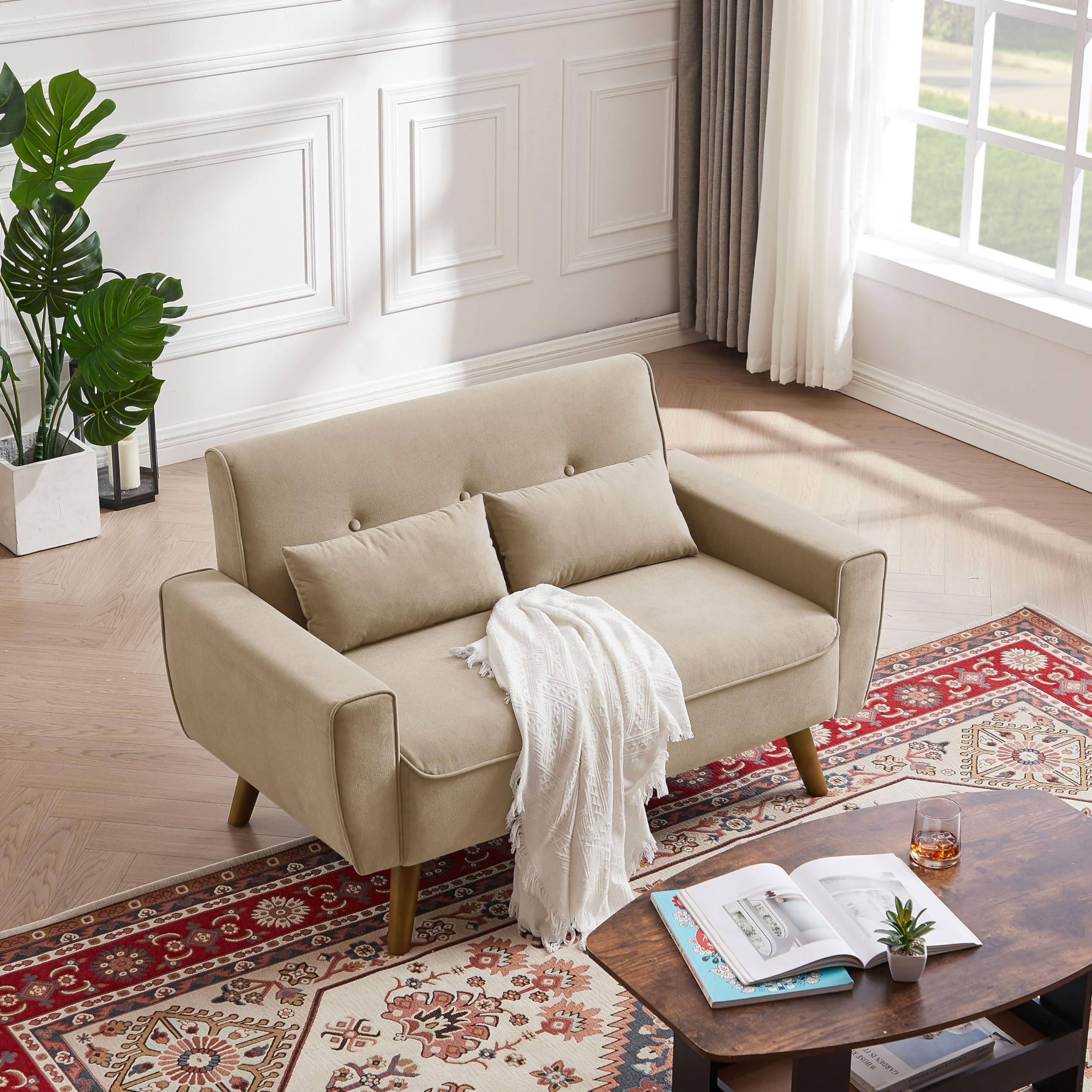 Enobala 49" Small Loveseat Sofa, 2 Seat Mid Century Love Seat Couch with Throw Pillows for Living Room, Apartment, Bedroom and Small Spaces