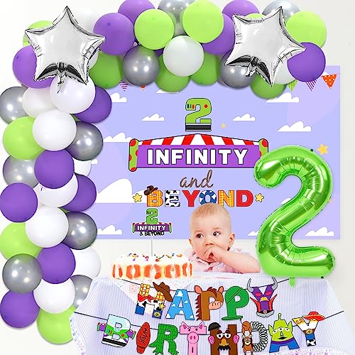 Crenics Two Infinity and Beyond Birthday Decorations - Two Infinity and Beyond Backdrop, Happy Birthday Banner, Balloon Garland Arch, 2 Number Balloon with Cake Toppers for 2nd Birthday Party Supplies