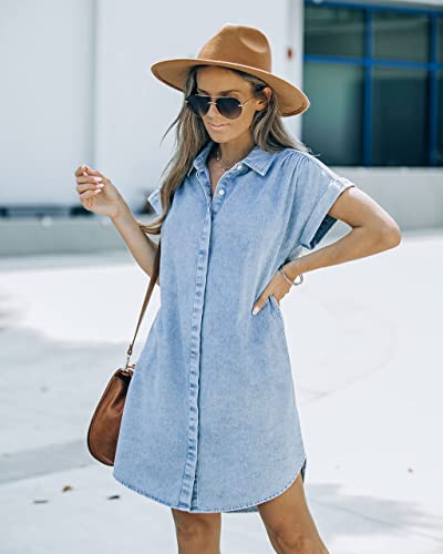 KDF Denim Dress with Pockets for Women Denim Button Down Shirt Jean Dresses for Women 2023 Summer Light Blue Size Small Size 4 Size 6