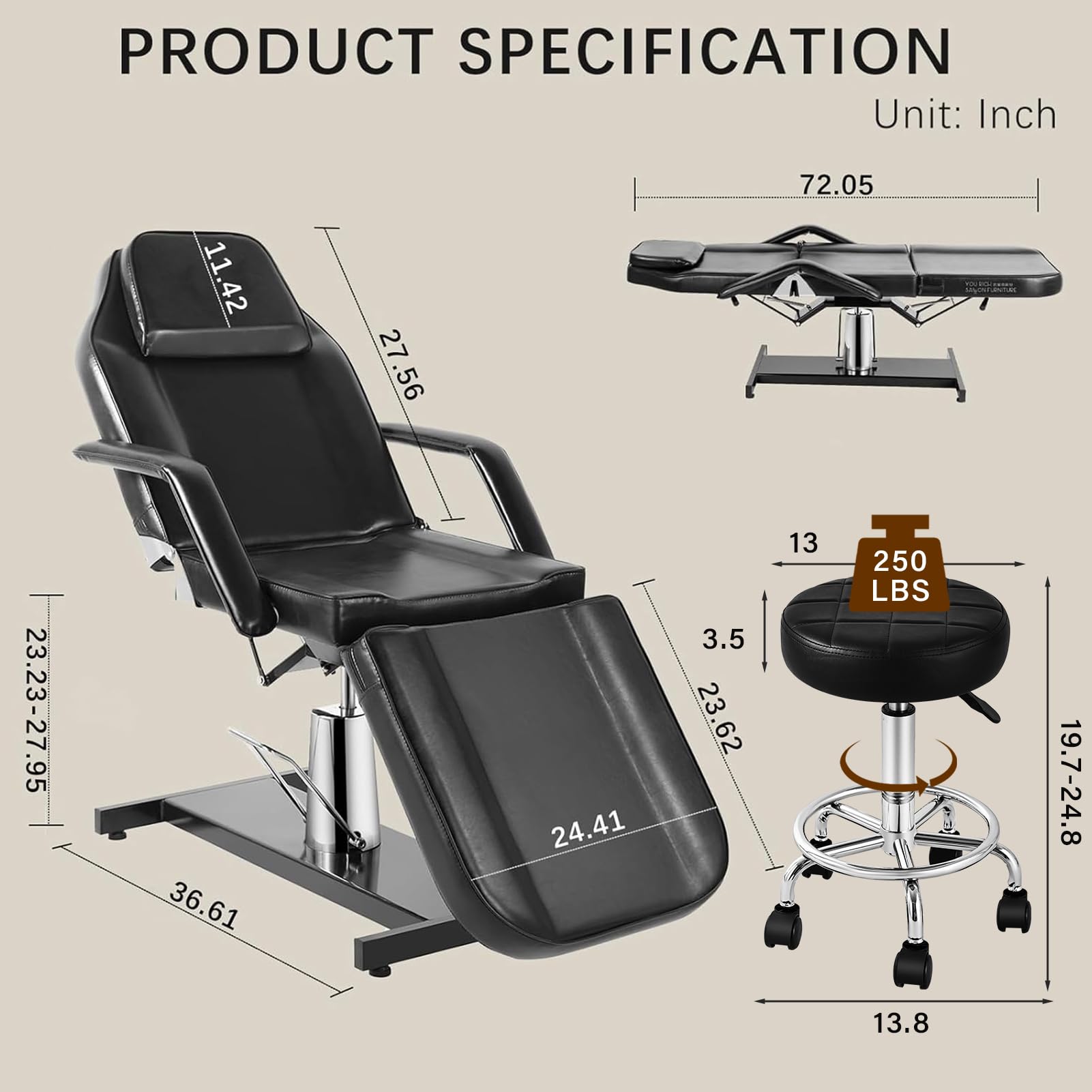 Dangvivi Hydraulic Tattoo Chair Table for Client, Lash Chair for Eyelash Extensions with Rolling Stool,Esthetician Bed Facial Chair,360 Swivel Adjustable Beauty Salon Spa Bed (Black Hydraulic)