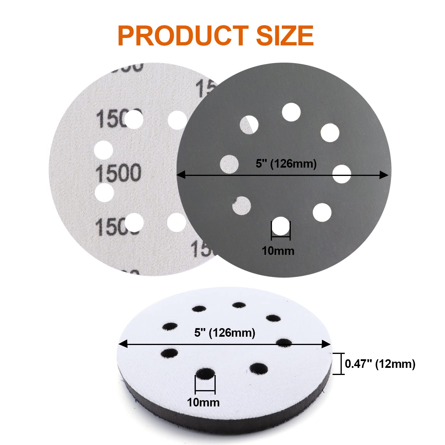 POLIWELL 5 Inch Sanding Discs 8-Hole Hook and Loop Sandpaper Wet Dry Sanding Sheets 80 to 2000 Assortment Grits 50 Pack with 5” Interface Pad for Random Orbital Sander Automotive Wood Metal Plastic