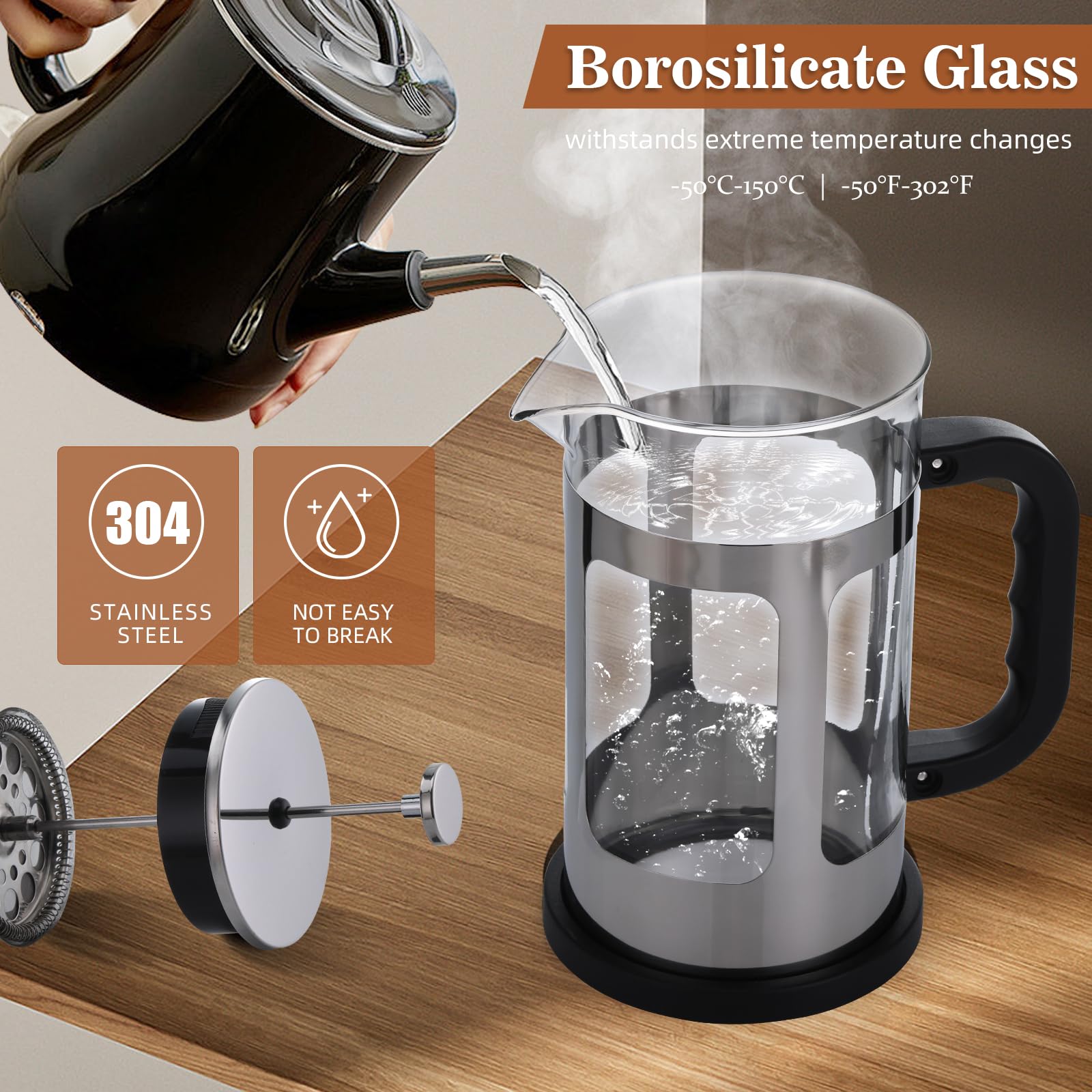 Dircolz French Press Coffee Maker -(21oz) 304 Stainless Steel with 4 Filters System, Heat Resistant Thickness Borosilicate French Press Glass, BPA-Free Brewed Tea Pot Coffee Plunger(Silvery)