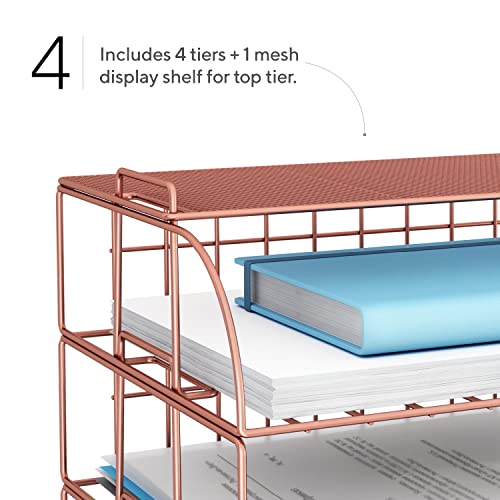 File Organizer for Desk, Letter Tray Desk Organizer, 4 Tier Desk Organizers and Accessories, File Folder Organizer, Desk File Organizer - Office Organization, 1 Upper Shelf, Wire Collection, Rose Gold