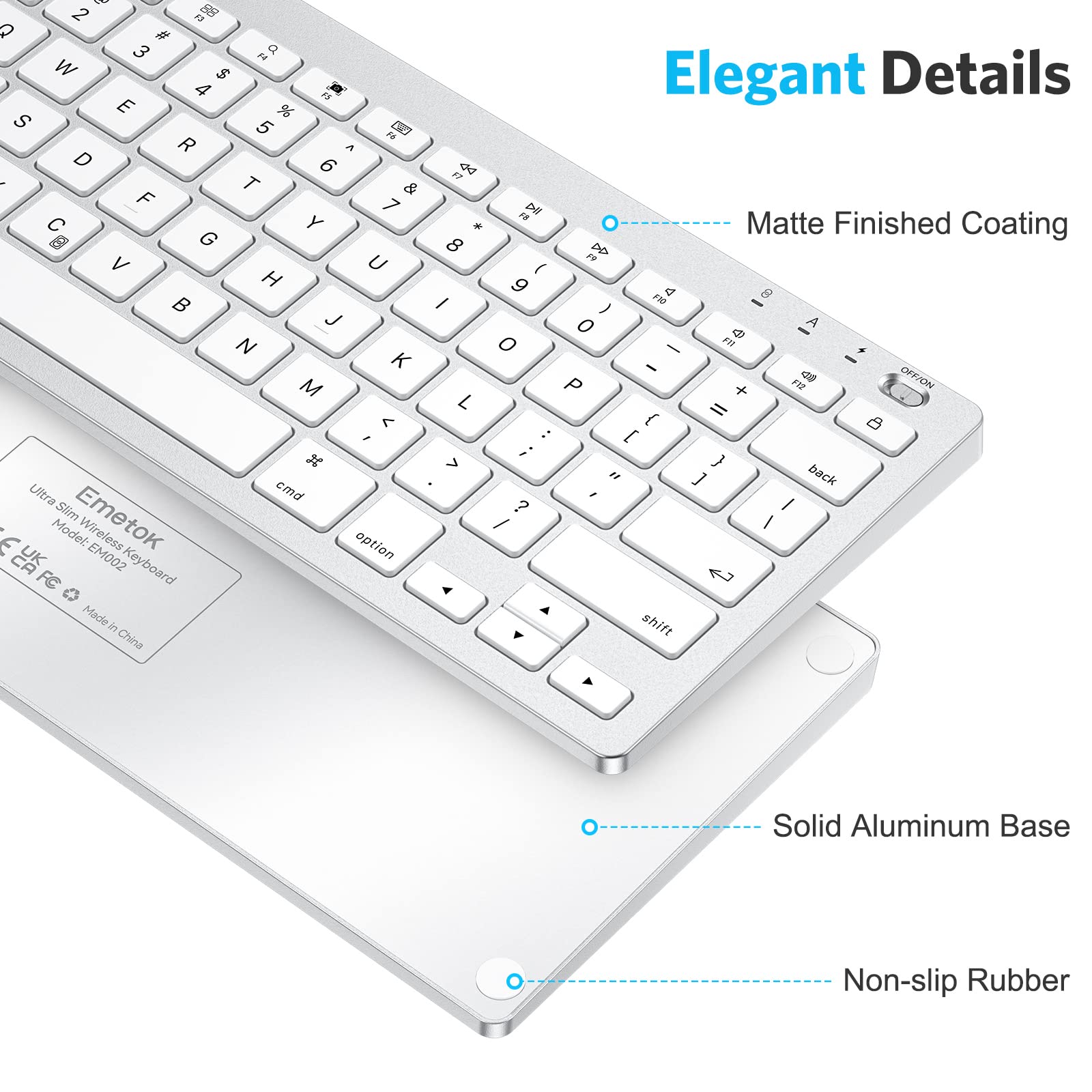 Emetok for iPad Keyboard [Aluminum Base, Big Keycap, Rechargeable], Portable Bluetooth 5.1 Keyboard for iPad 10th/9th/8th, iPad Pro 11/12.9, iPad Air/Mini/iPhone, Silver