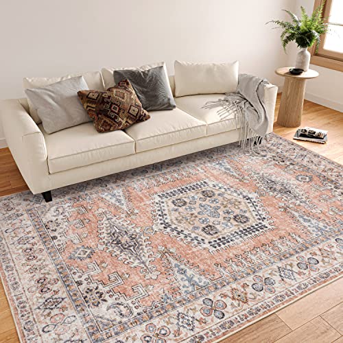 Valenrug Washable Rug 5x7 - Ultra-Thin Antique Collection Area Rug, Stain Resistant Rugs for Living Room Bedroom, Distressed Persian Boho Rug(Peach/Yellowish, 5'x7')