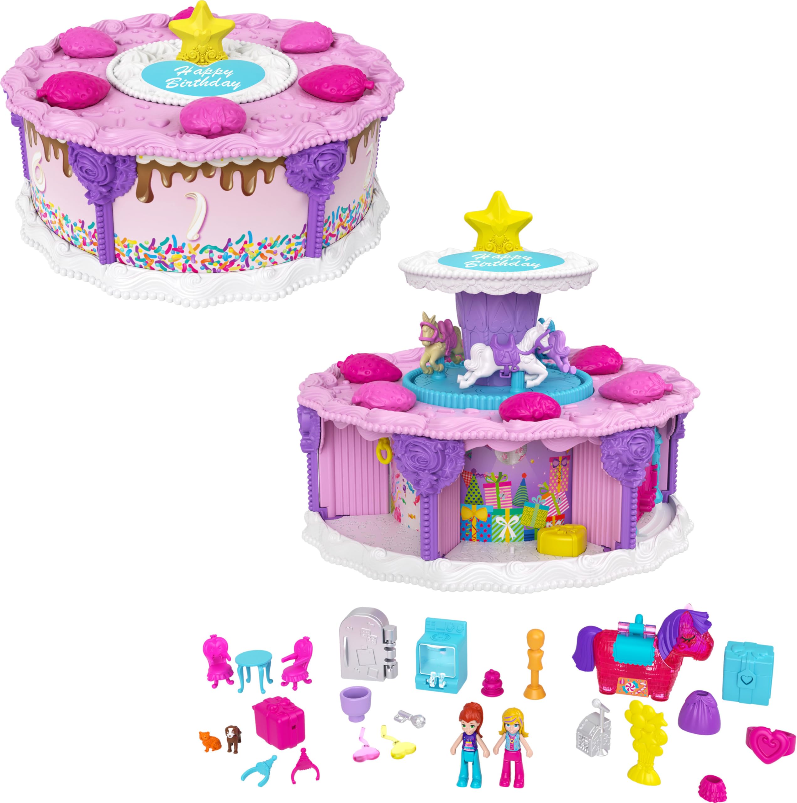 Polly Pocket 2-in-1 Playset, Unicorn Toy with 2 Micro Dolls & 25 Surprise Accessories, Birthday Cake Countdown