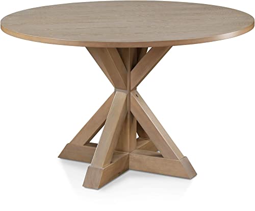 Finch Alfred Round Solid Wood Rustic Dining Table for Farmhouse Kitchen Room Decor, Wooden Trestle Pedestal Base, 46.5" Wide Circular Tabletop, Distressed Beige