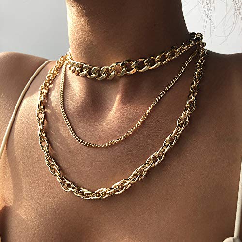 JWICOS Silver Miami Cuban Link Chain for Women and Girls Chunky Chain Necklace with Three Layer Boho Bohemia Choker (Silver)