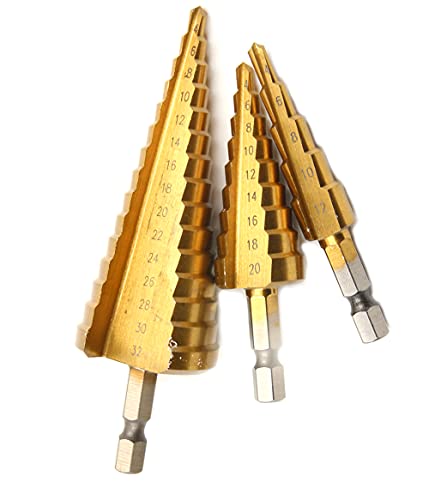 Dtacke 3pc 1/4" Hex shank Titanium Coated HSS Steel Step Drill Bit Cone Drill Hole Metal Cutter Bit Set
