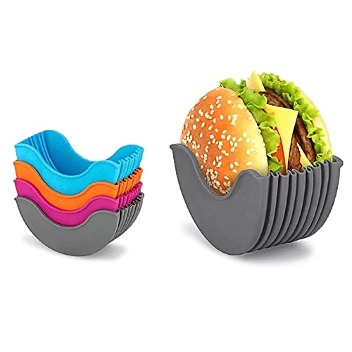 Retractable Reusable Hamburger Sandwich Burger Holders Fixed Box Clip Rack, Adjustable Hygienic Silicone Fixed French Fry Hamburger Sauce Ketchup Holder Container Boxes for Eating, 4 Pcs